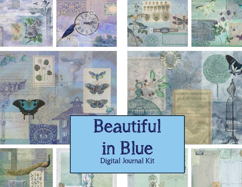 Beautiful in Blue Digital Journal Kit - Birds, Flowers, Butterflies ...