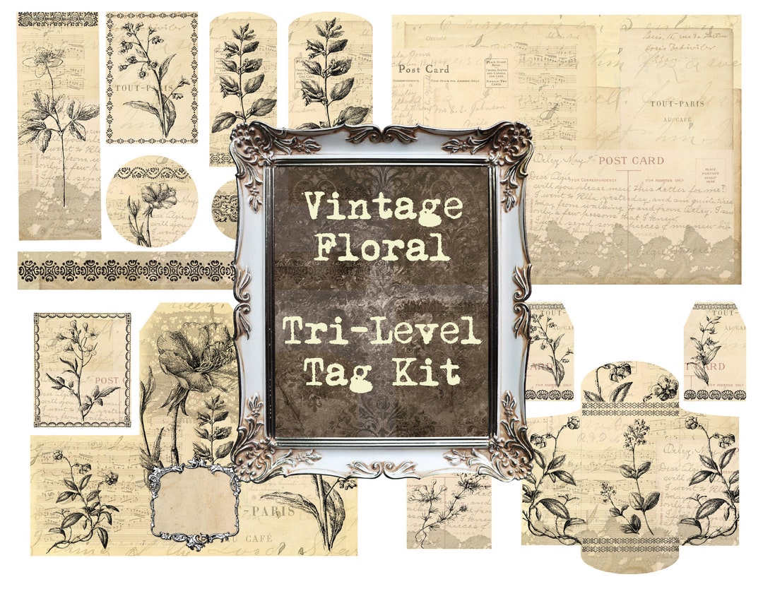 Vintage Floral Tri-level Tag Digital Kit - Ephemera, Neutral, Floral - Etsy