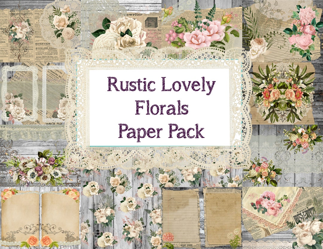 Rustic Lovely Florals Digital Paper Pack; Eclectic Shabby Chic, Barn ...