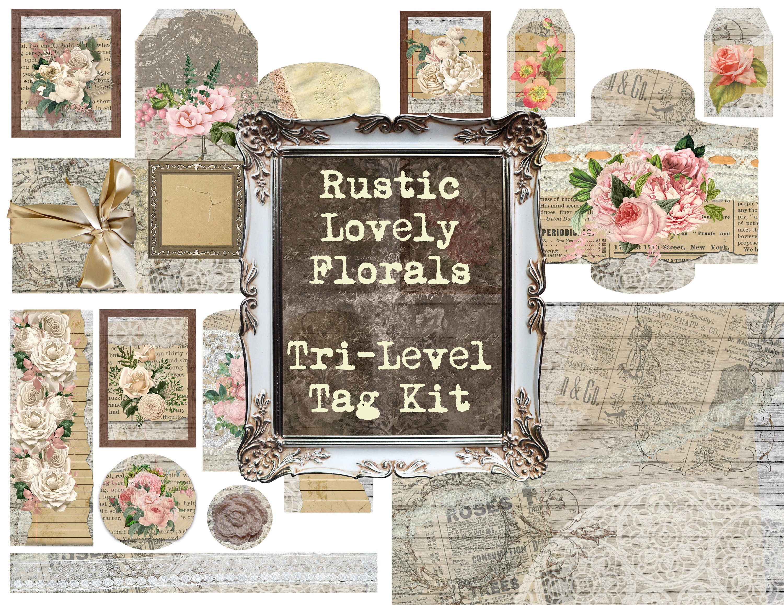 Rustic Lovely Florals Tri-level Tag Digital Kit - Ephemera, Wood, Lace ...