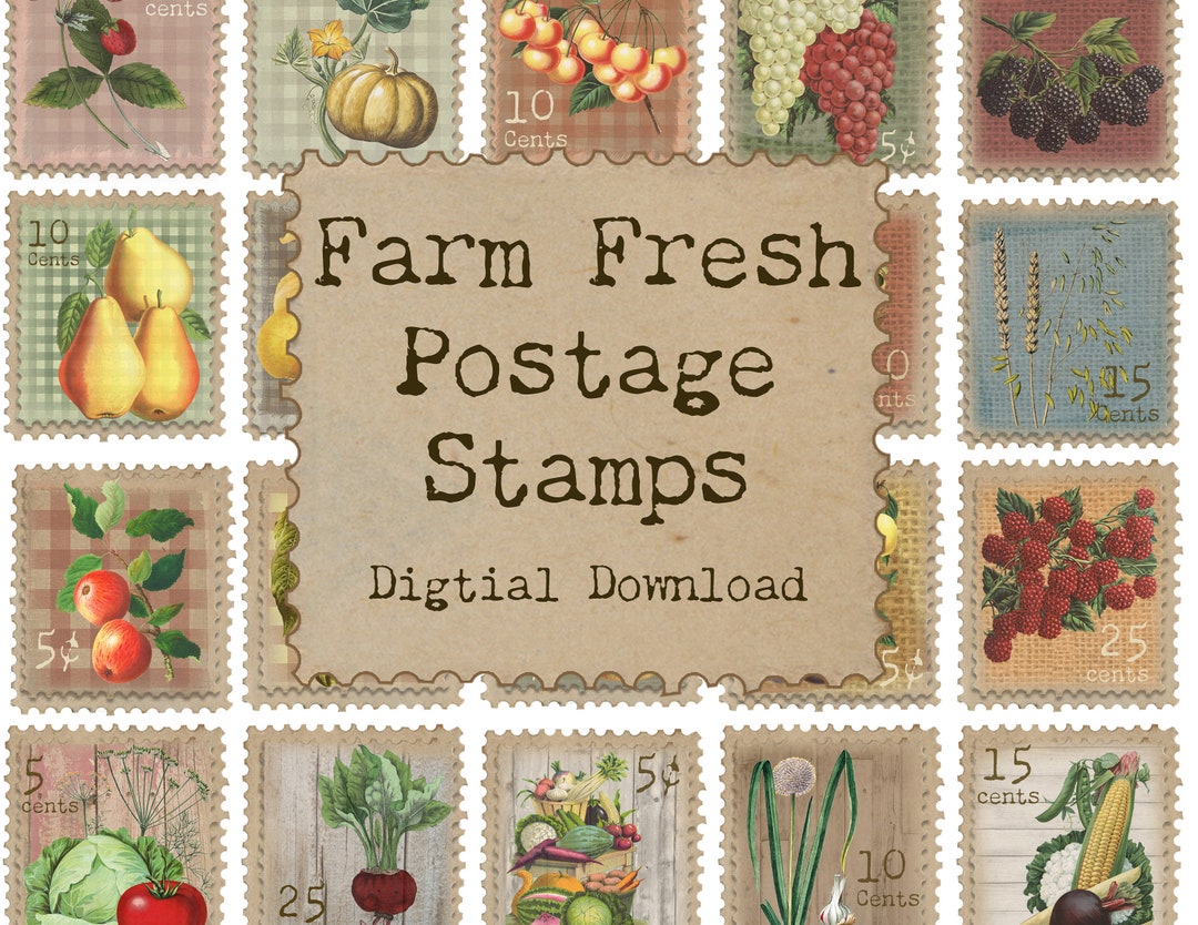 Farm Fresh Postage Stamps - Digital, Fruit, Vegetables, Junk Journal ...