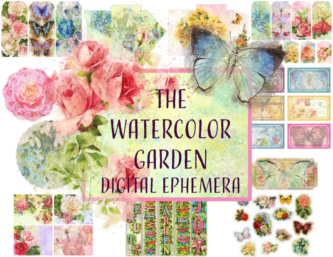 The Watercolor Garden Digital Ephemera Kit - Flowers, Painterly ...