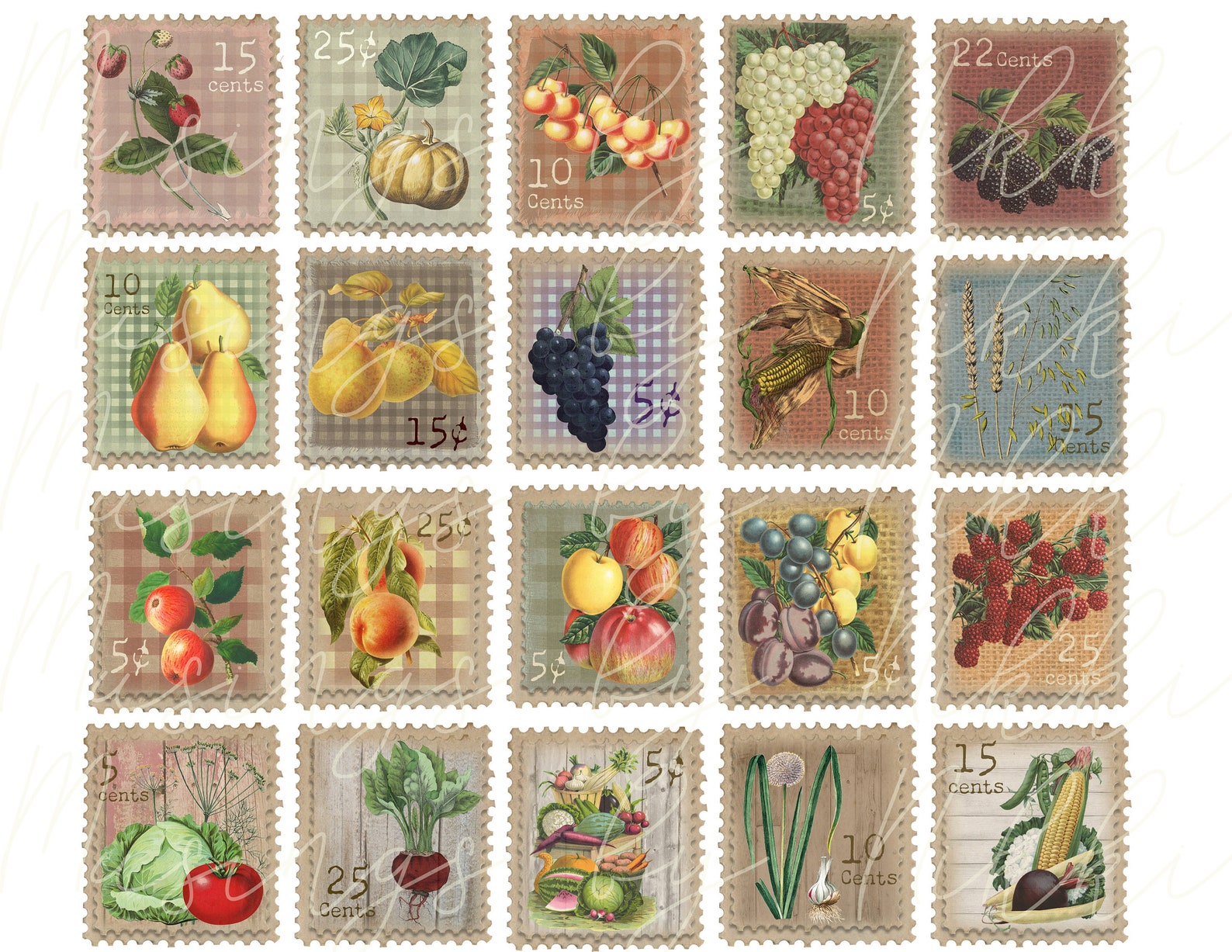 Farm Fresh Postage Stamps - Digital, Fruit, Vegetables, Junk Journal ...