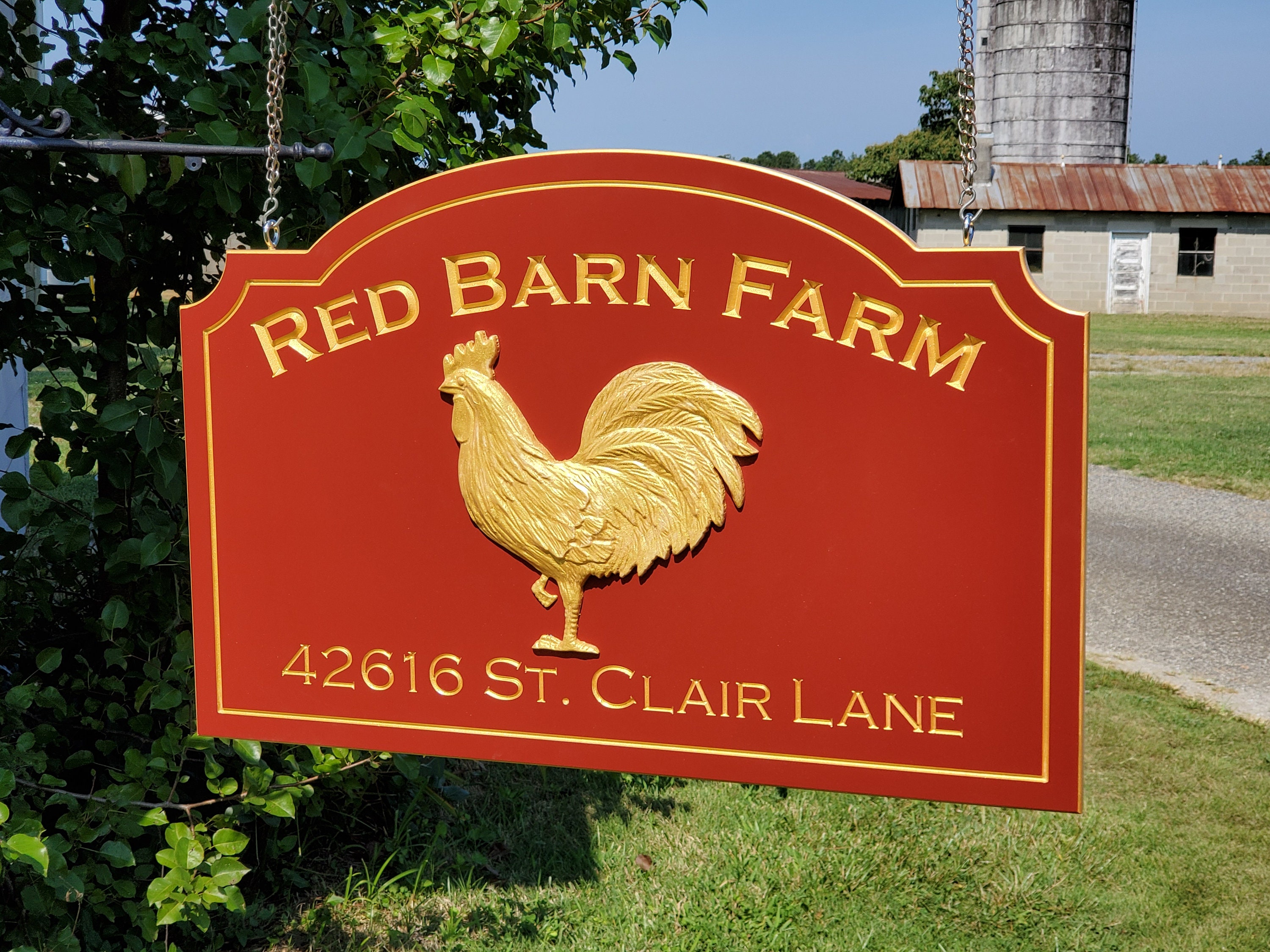 Large Double Sided PVC Farm Name Address Sign Rooster Carving | Etsy