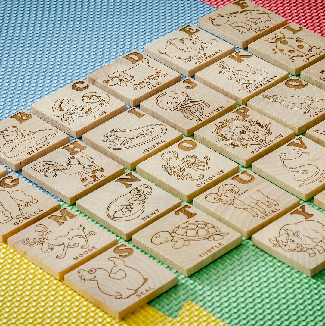 Wood Animal Alphabet Tiles: Laser Engraved Learning Toy With Burlap Bag ...
