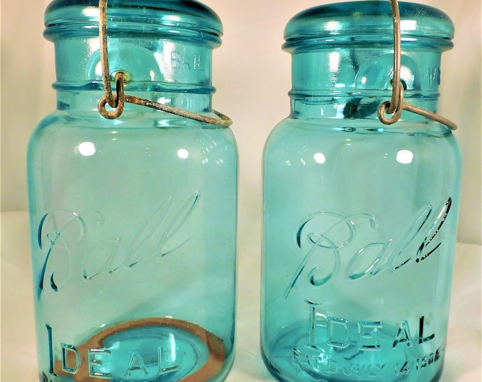 Vintage Pair Different Ball Quart Jars Bail Closure Aqua Blue Glass ...