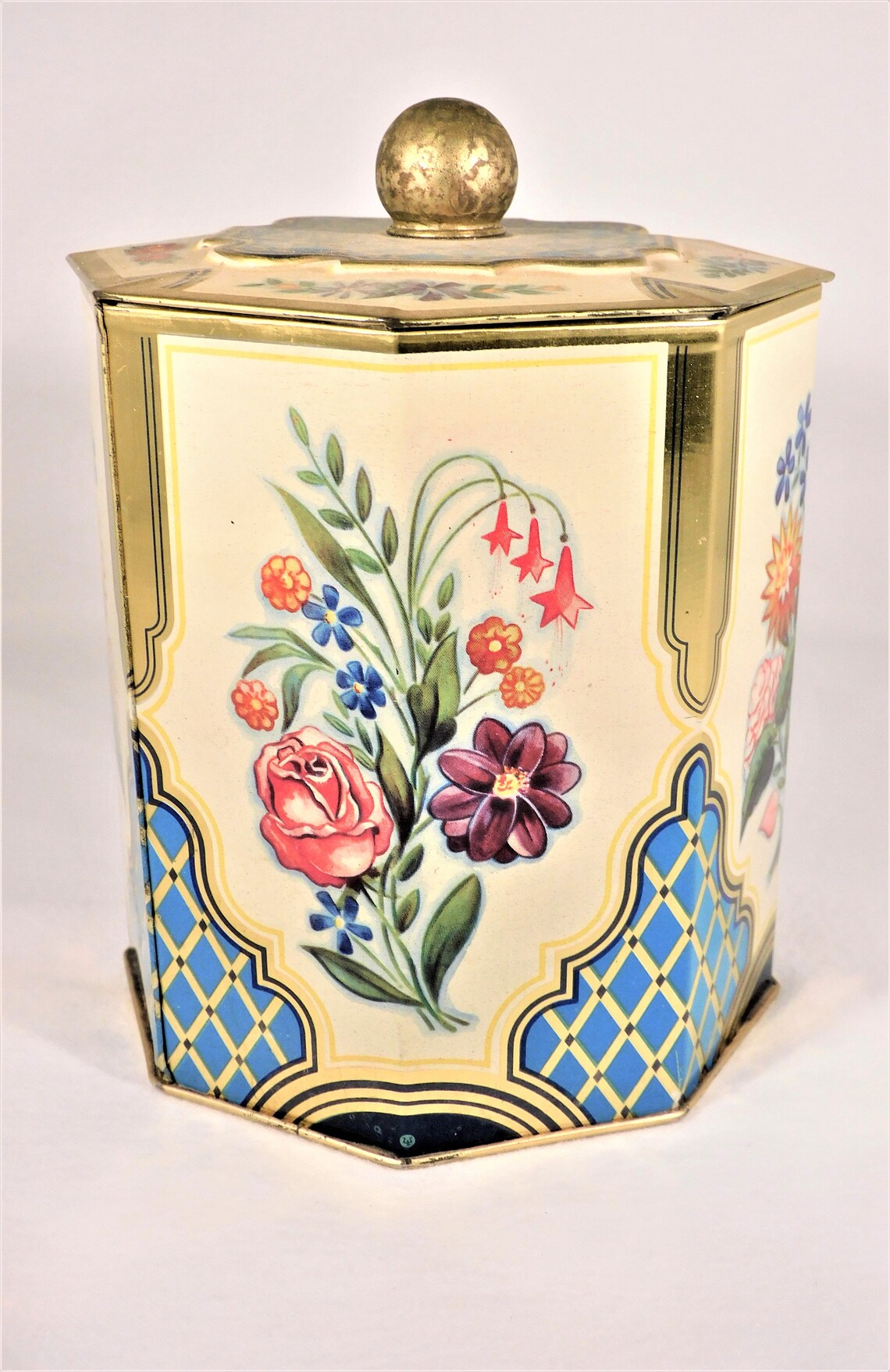 Vintage Metal Candy Container & Lid 8-sided Colorful Flower Panels Made ...