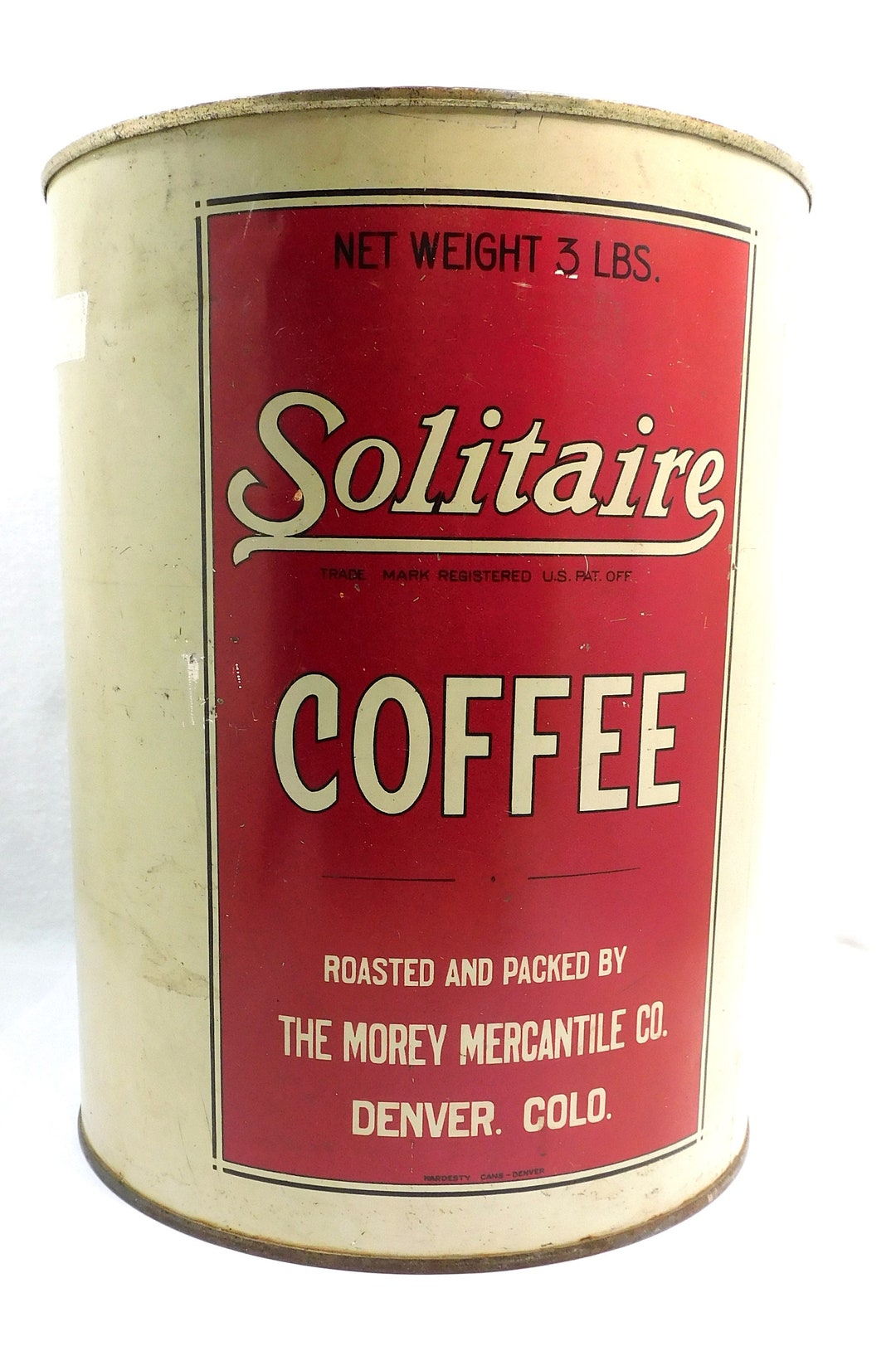 Vintage Solitaire Coffee Tin & Lid Metal Denver Red White Black Letters ...