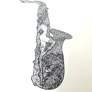Sensual Pen and Ink Pinup Girl in Saxophone, Detailed Pattern Saxophone ...