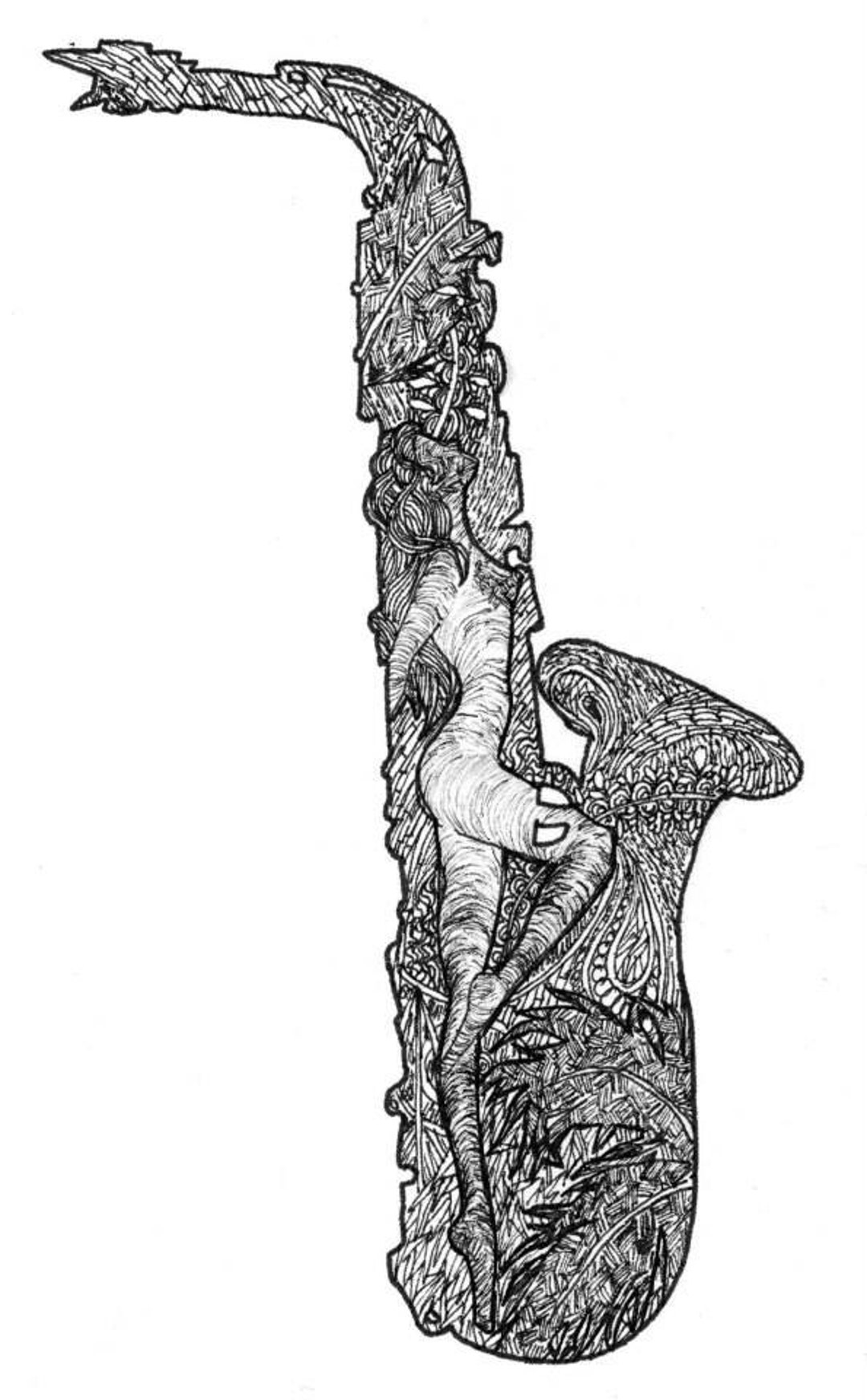 Sensual Pen and Ink Pinup Girl in Saxophone, Detailed Pattern Saxophone ...