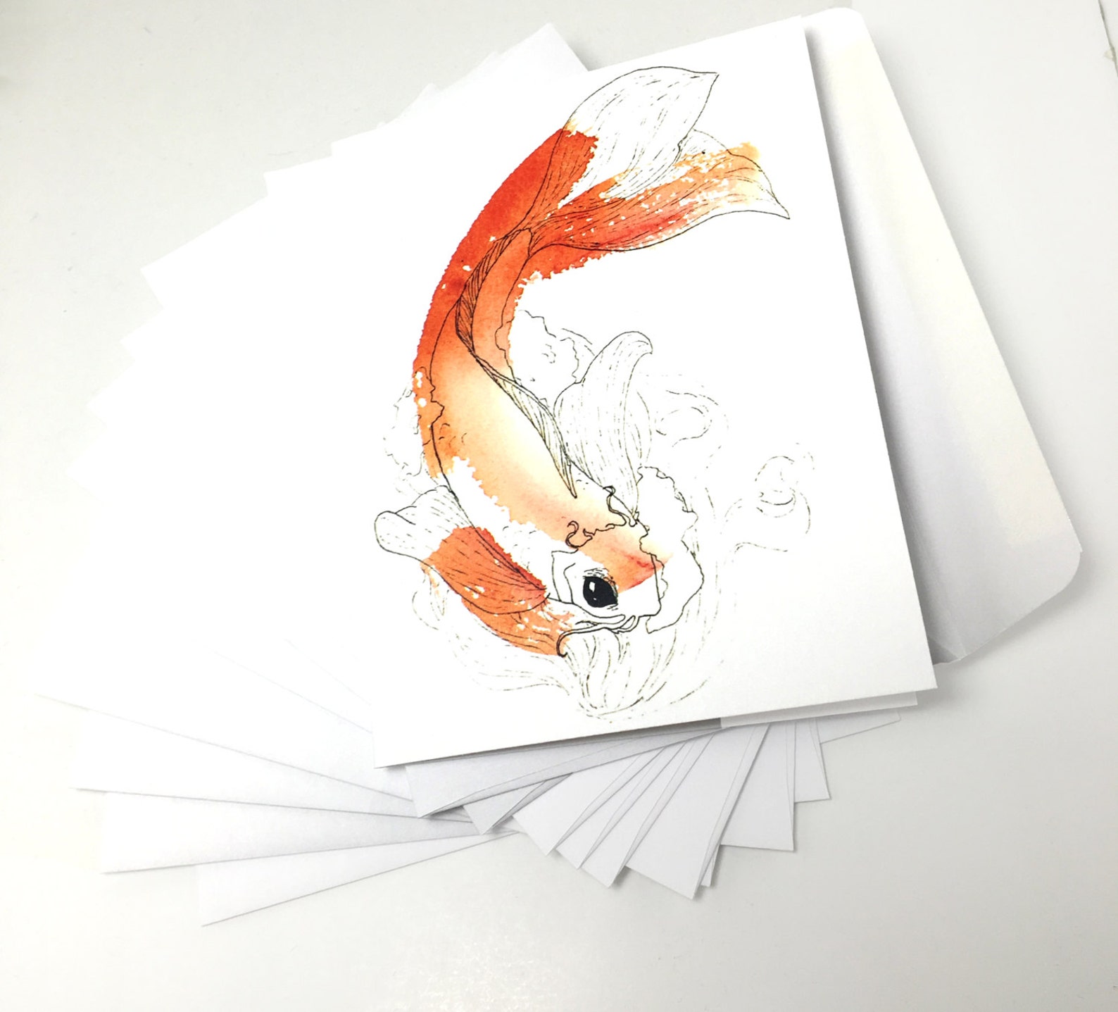 Koi Fish Note Cards With Envelopes, Blank Watercolor Fish Greeting ...