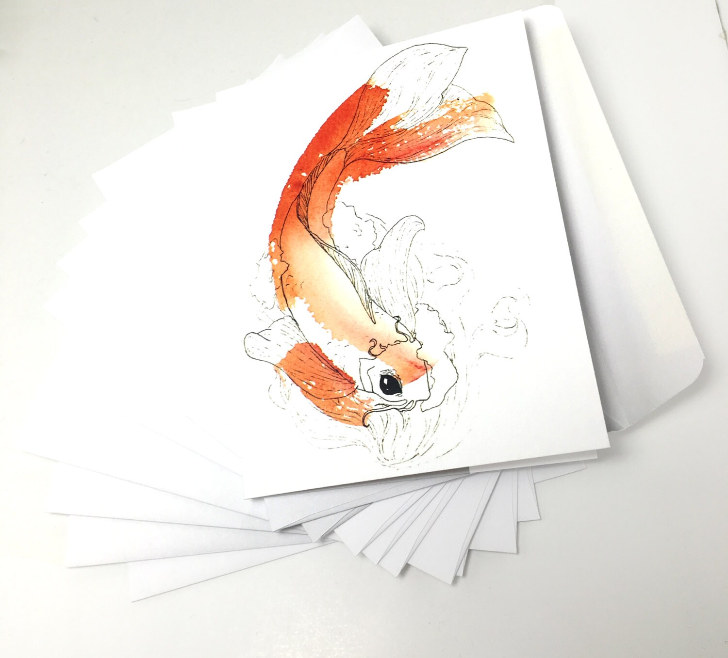 Koi Fish Note Cards With Envelopes, Blank Watercolor Fish Greeting ...