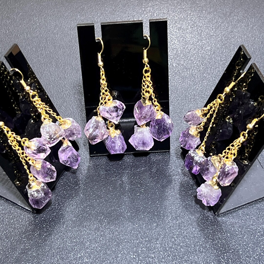 Long Dangle Amethyst Triple Crystal Point Earrings Pair (gold Plated ...