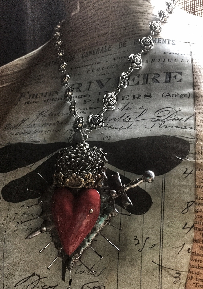 Sacred Heart Necklace Red Heart Sword Necklace Enamel Heart - Etsy