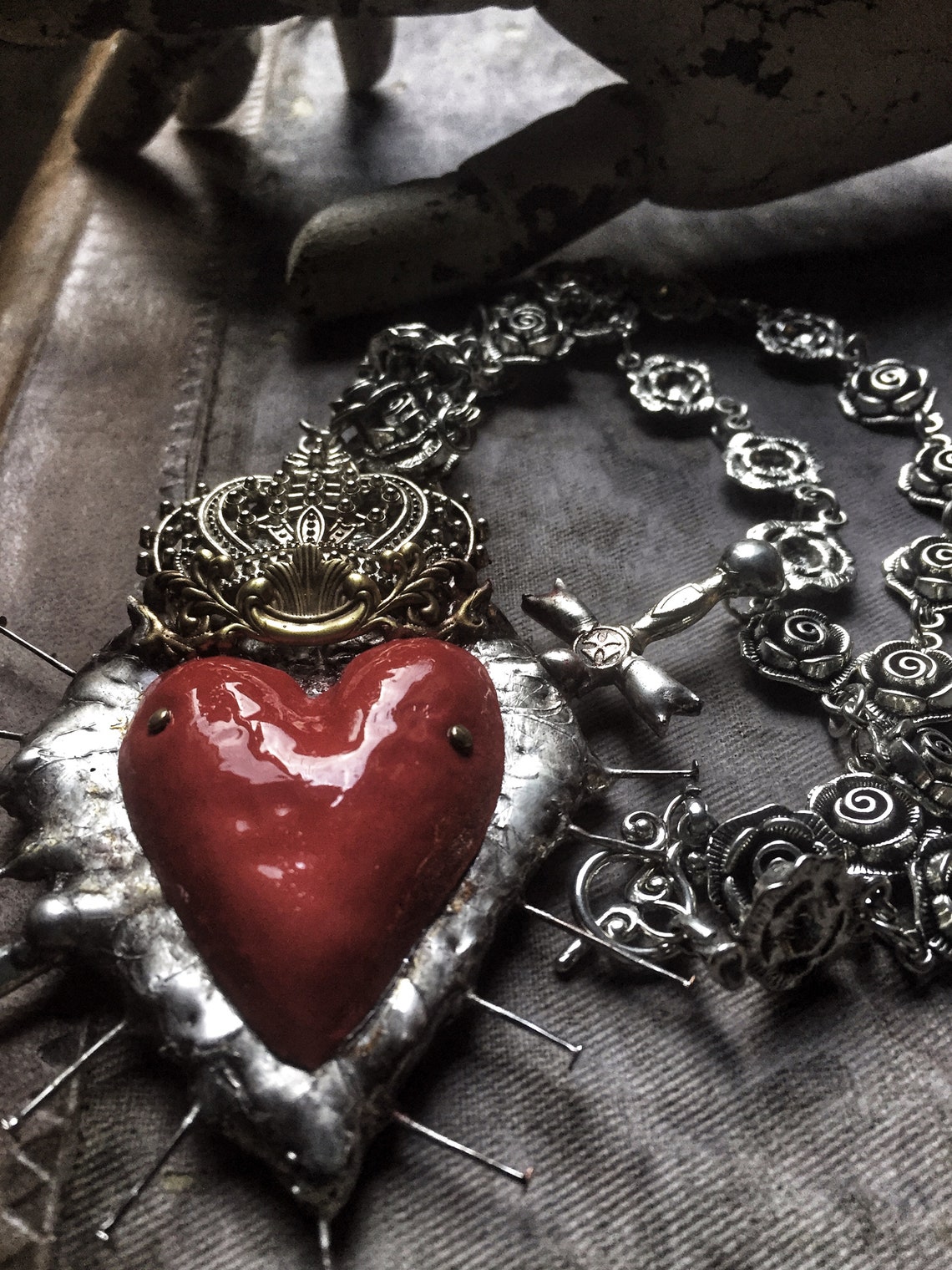 Sacred Heart Necklace Red Heart Sword Necklace Enamel Heart - Etsy