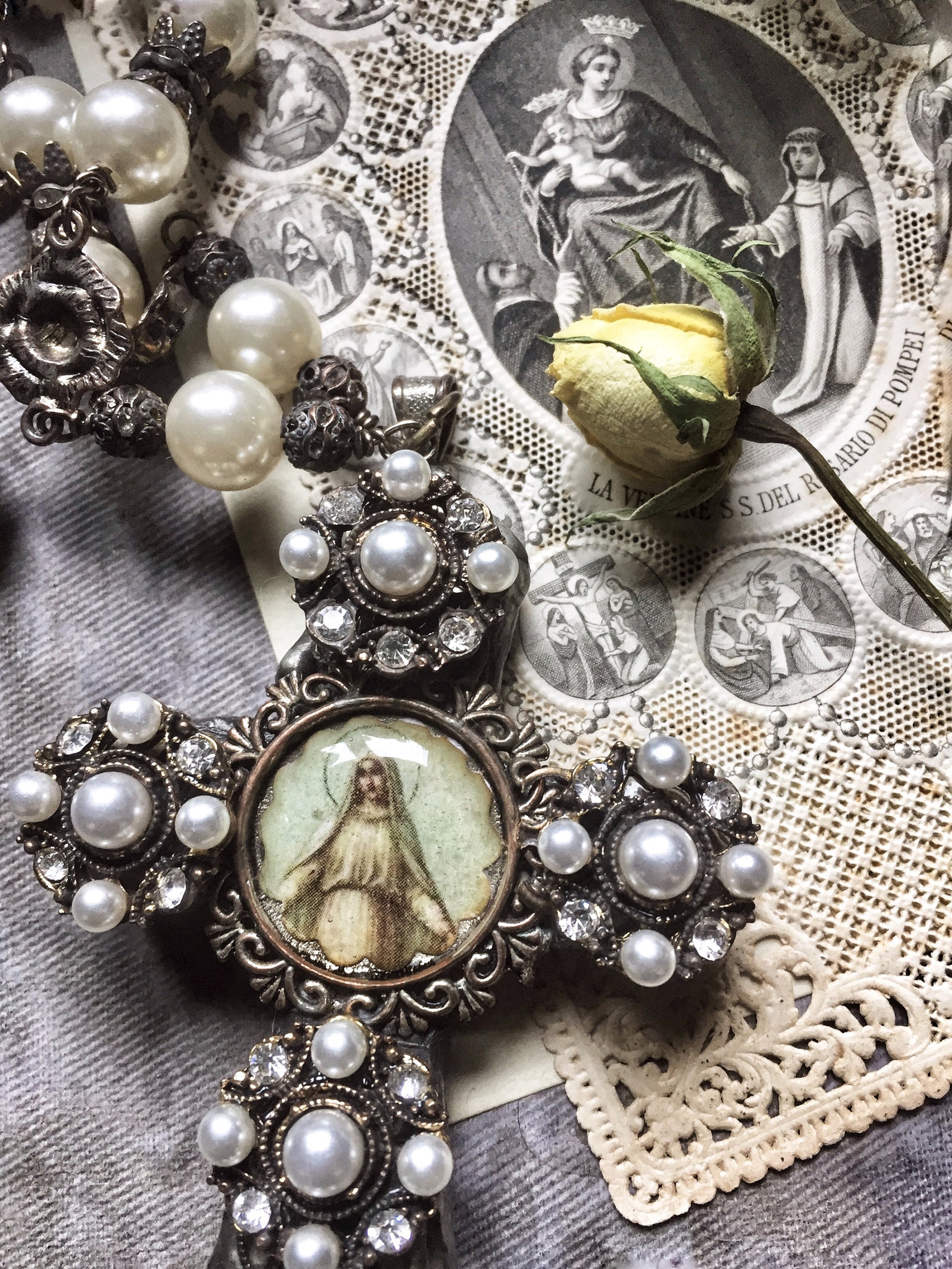 Virgin Miraculous Mary Necklace With Cross and Rose Pearls - Etsy