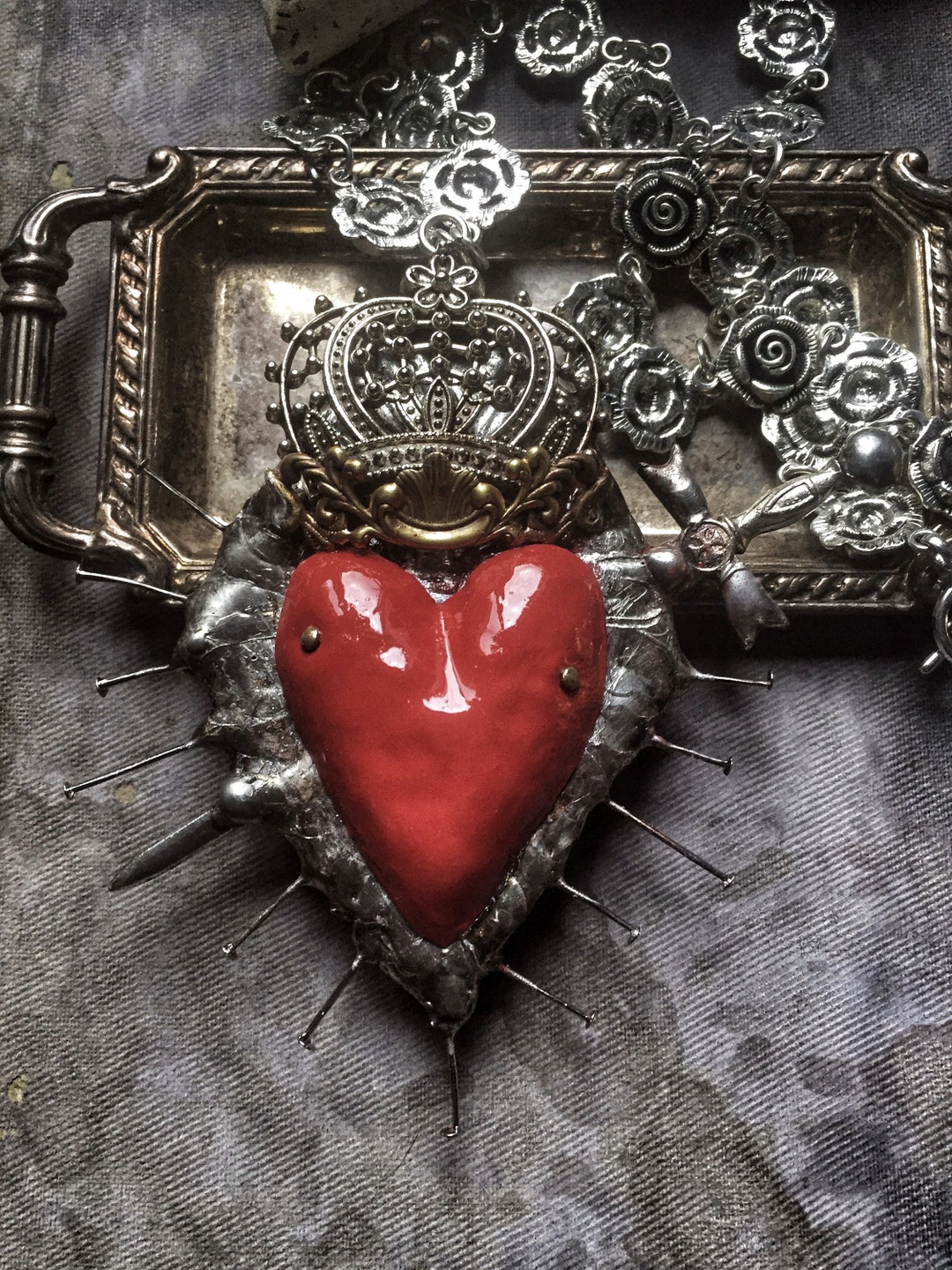 Sacred Heart Necklace, Red Heart Sword Necklace, Enamel Heart, Gothic ...