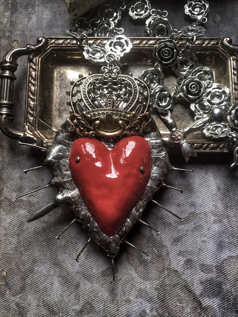 Sacred Heart Necklace Red Heart Sword Necklace Enamel Heart - Etsy