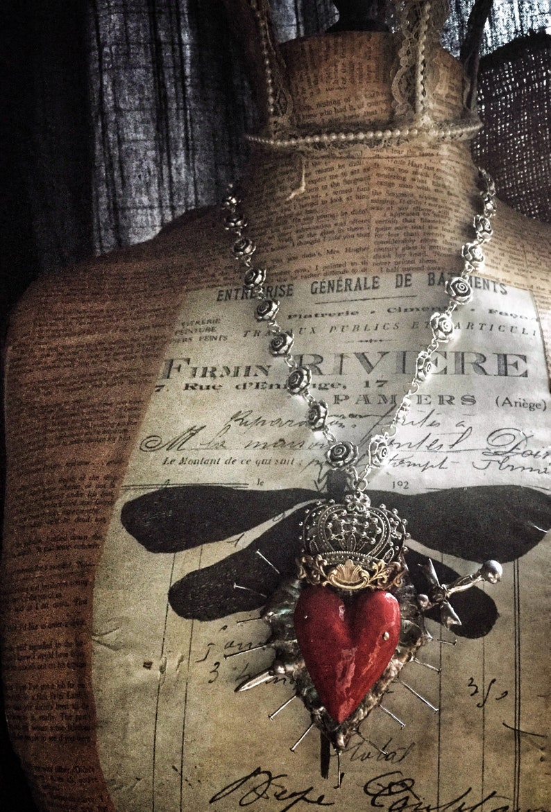 Sacred Heart Necklace Red Heart Sword Necklace Enamel Heart - Etsy