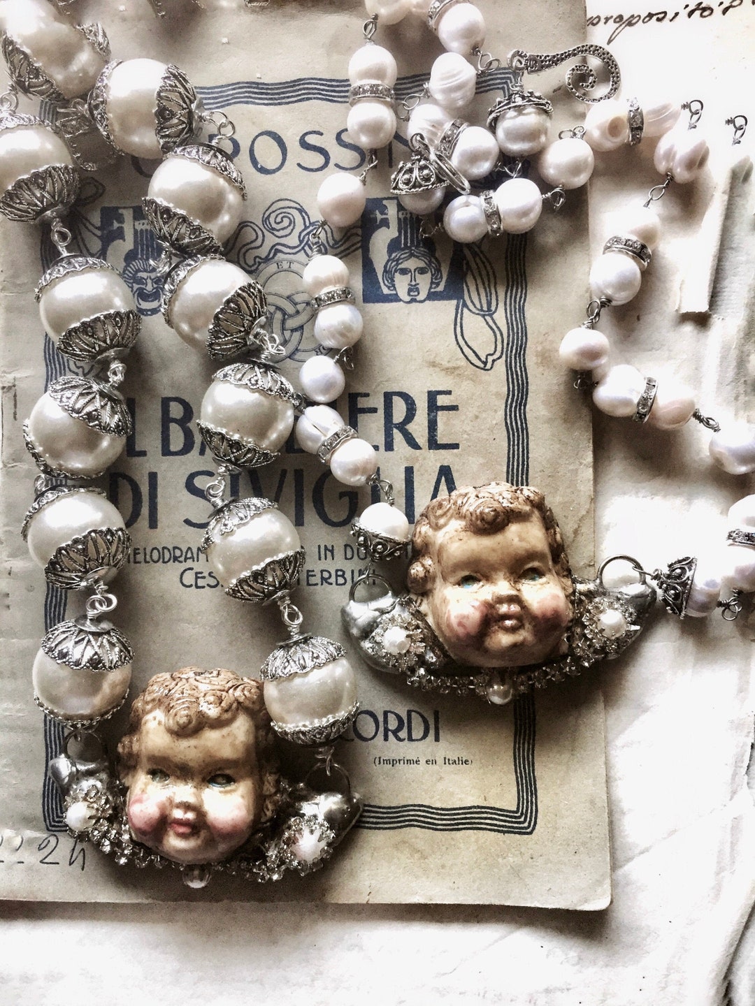 Italian Baroque Pendant, Cherub Choker Necklace, Hand Paint Cherubim ...