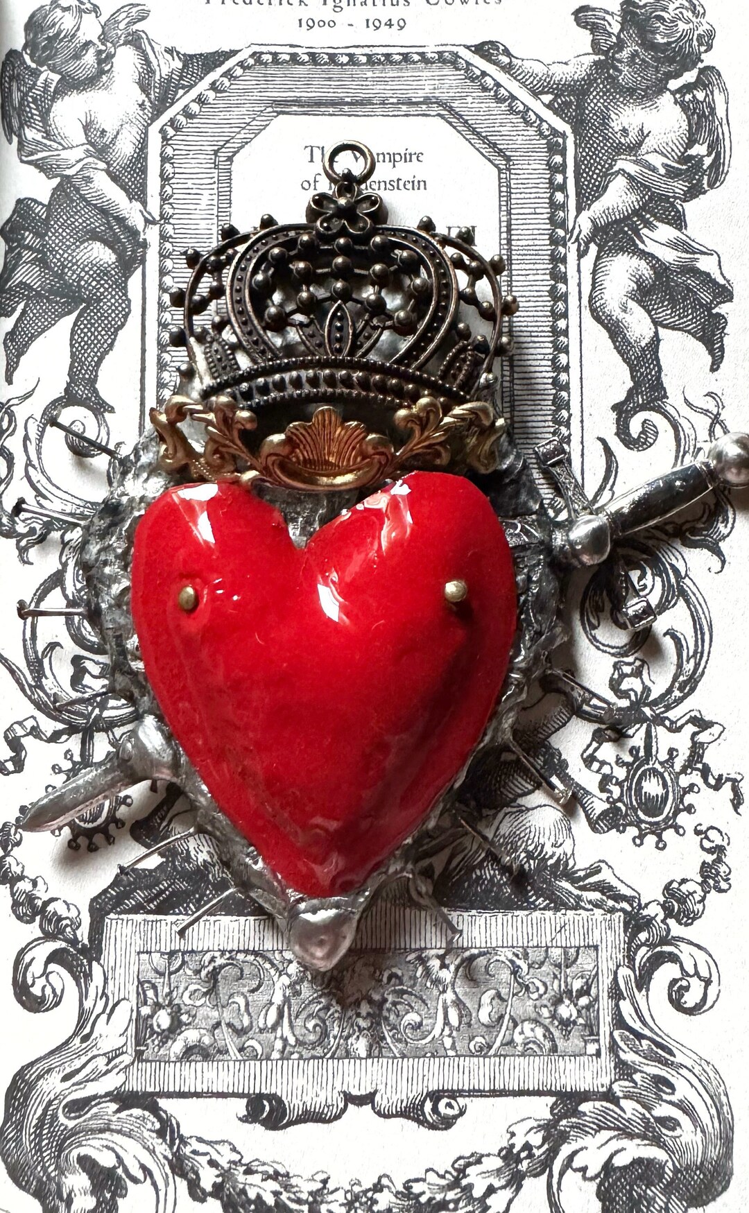 Sacred Heart Necklace, Red Heart Sword Necklace, Enamel Heart, Gothic ...