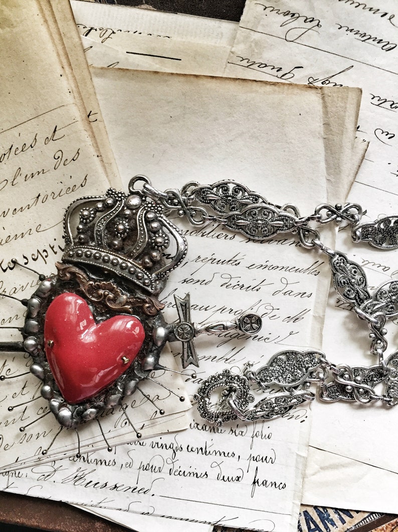 Sacred Heart Necklace Red Heart sword necklace Enamel heart | Etsy