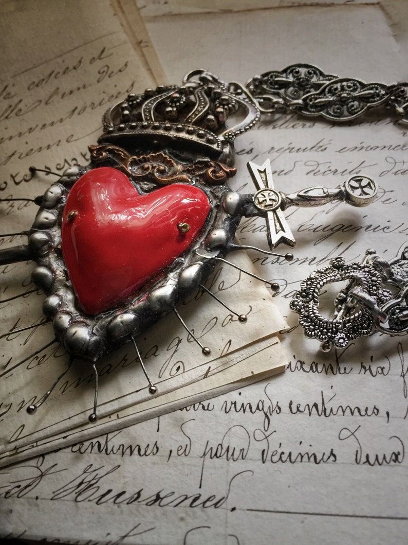 Sacred Heart Necklace Red Heart sword necklace Enamel heart | Etsy