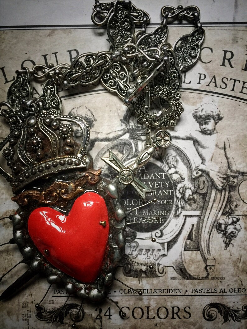 Sacred Heart Necklace Red Heart sword necklace Enamel heart | Etsy