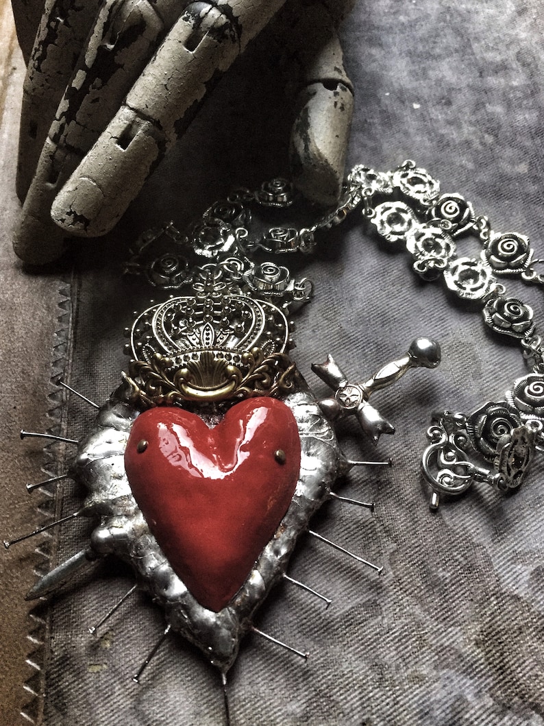 Sacred Heart Necklace Red Heart Sword Necklace Enamel Heart - Etsy