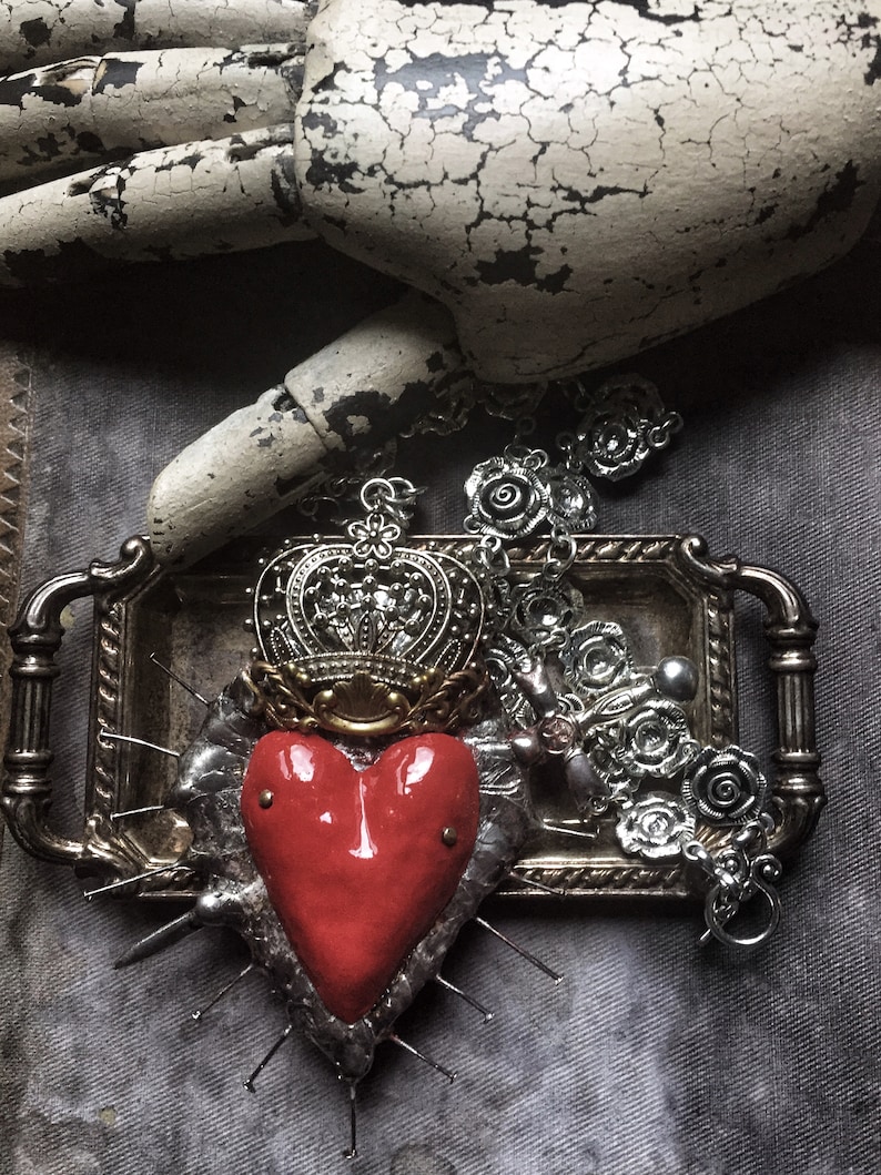 Sacred Heart Necklace Red Heart Sword Necklace Enamel Heart - Etsy