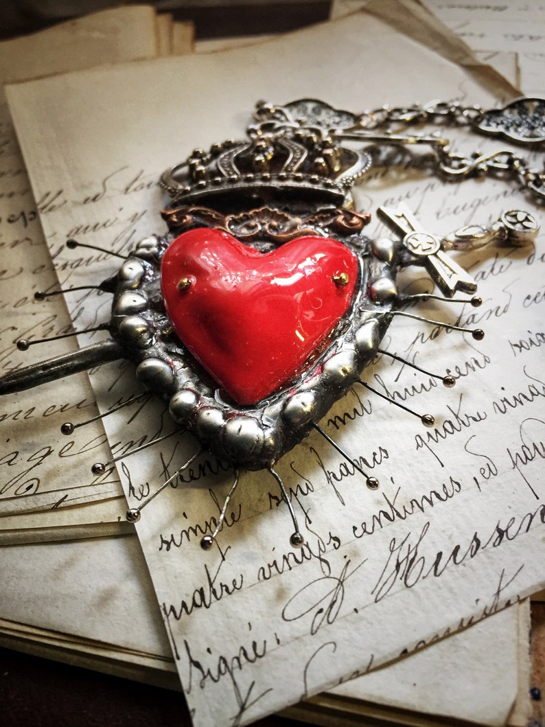 Sacred Heart Necklace Red Heart Sword Necklace Enamel Heart | Etsy