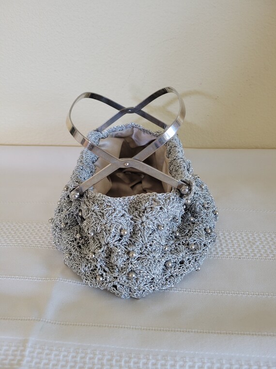 Vintage 1950s Silver Metallic Thread Crocheted Handba… - Gem