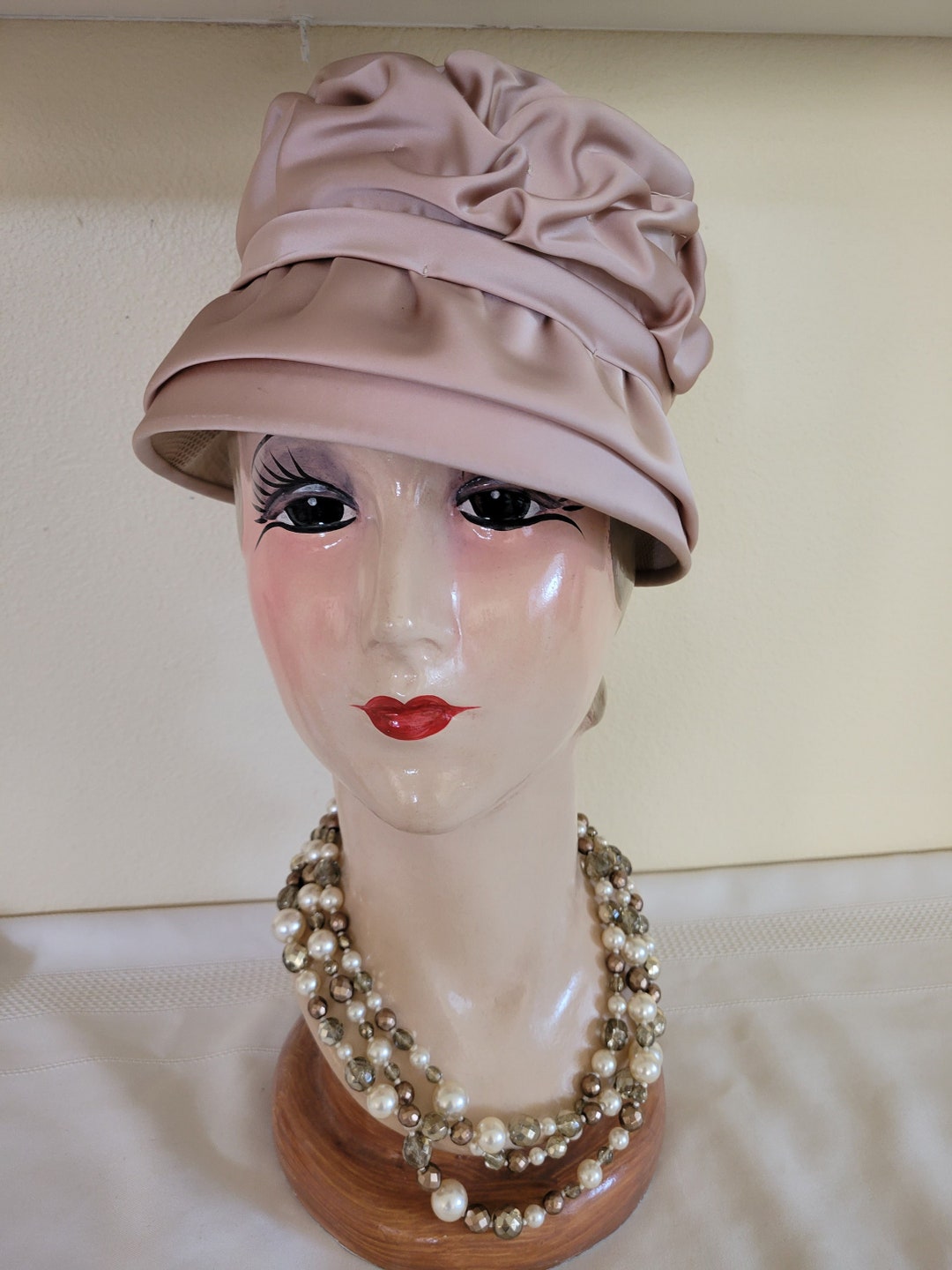 Vintage Dusty Rose Satin Slouched Cloche Hat With Brim, Double Brim ...