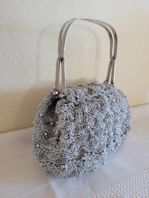 Vintage 1950s Silver Metallic Thread Crocheted Handba… - Gem