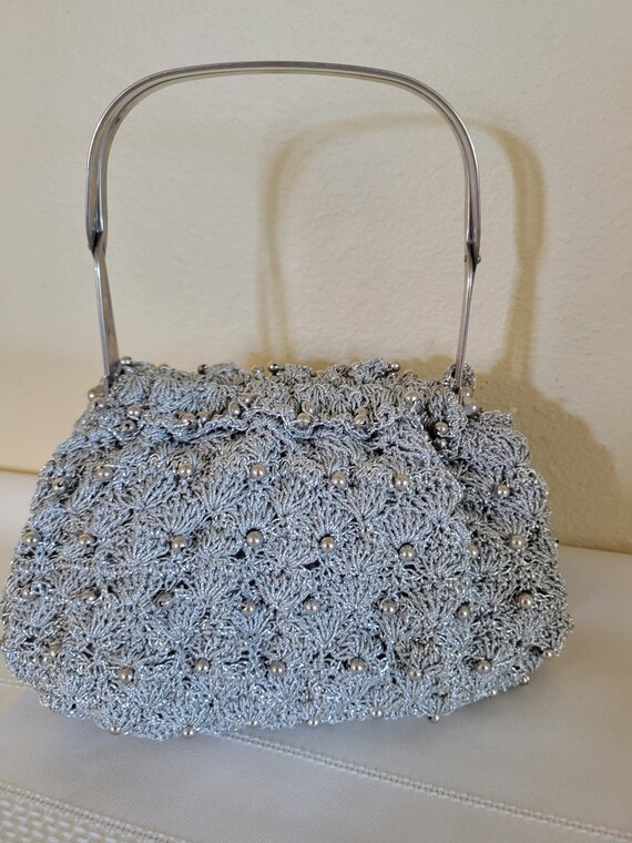 Vintage 1950s Silver Metallic Thread Crocheted Handba… - Gem