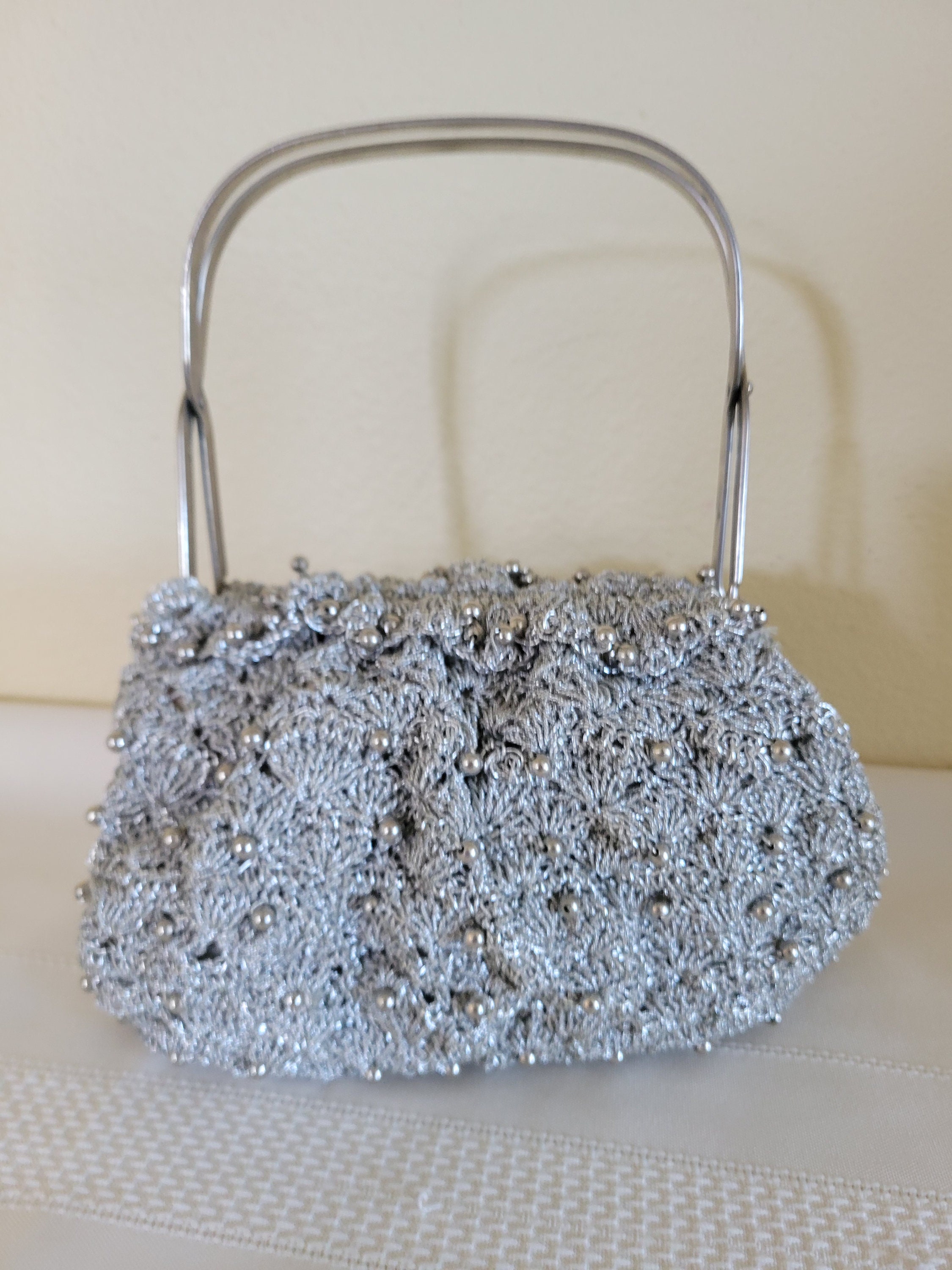 Vintage 1950s Silver Metallic Thread Crocheted Handbag Criss | Etsy