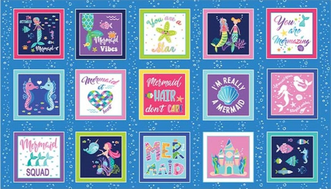 Mermaid Boxes Blue Cotton Fabric Panel - Mystical Mermaids Collection ...