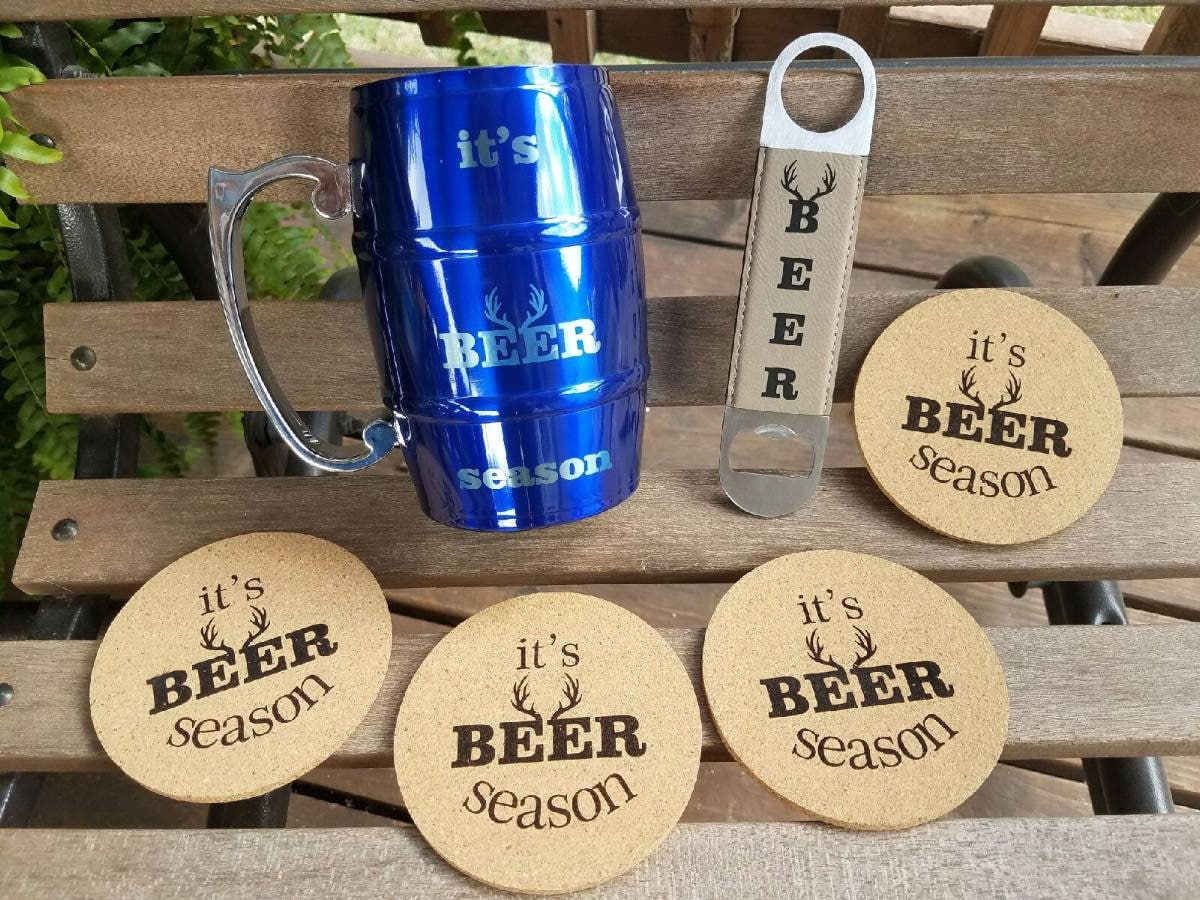 Beer Gift Set Barrel Mug w/ handle Bottle Opener Coasters | Etsy