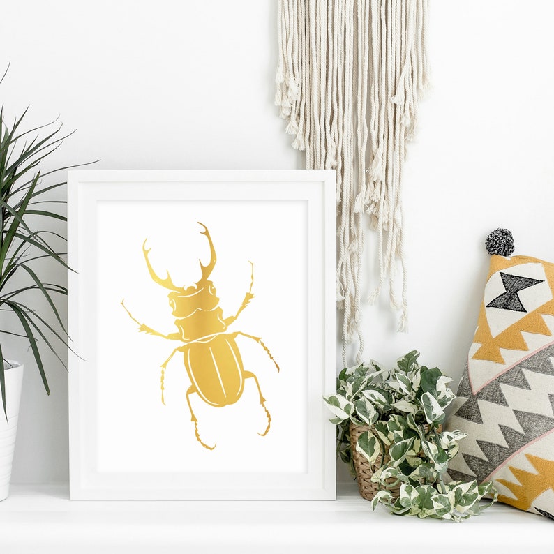 Stag Beetle Print Gold Wall Decor Bug Art, Illustration Insect Poster ...