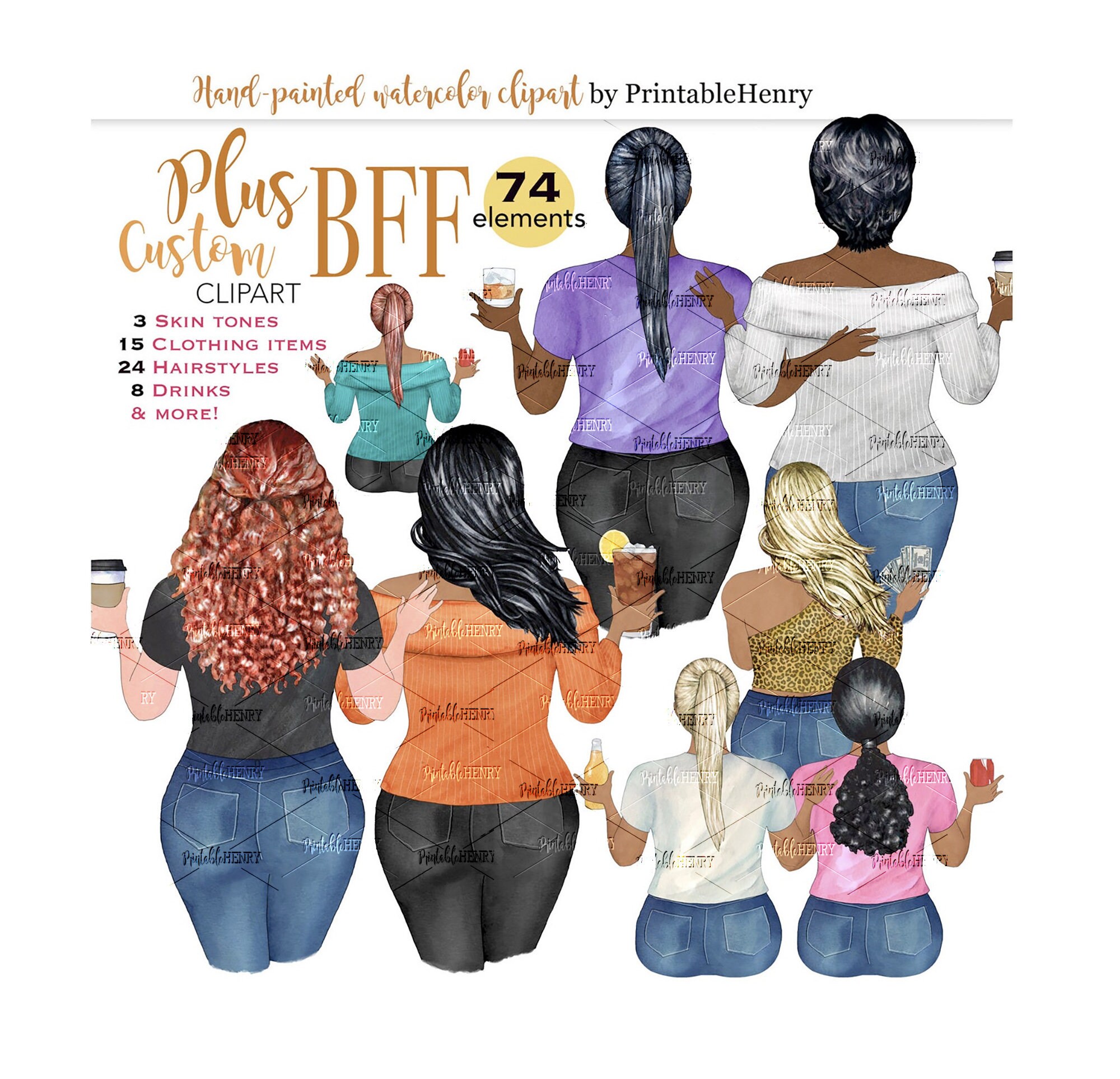 Curvy Best friends clip art sitting standing customize clipart | Etsy