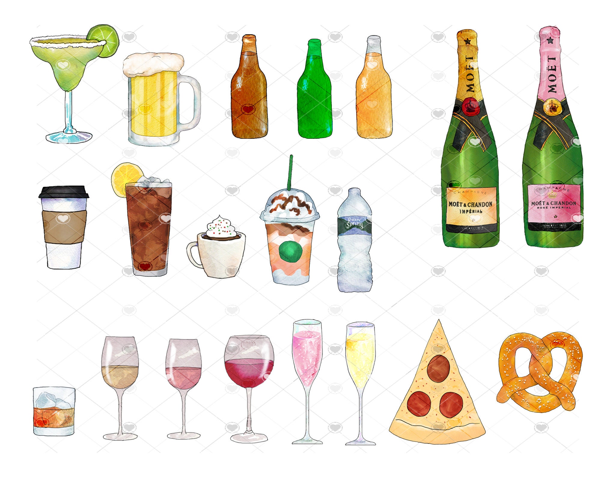 Drinks Png Watercolor Clipart, Wine Liquor Champagne Pizza Pretzel ...