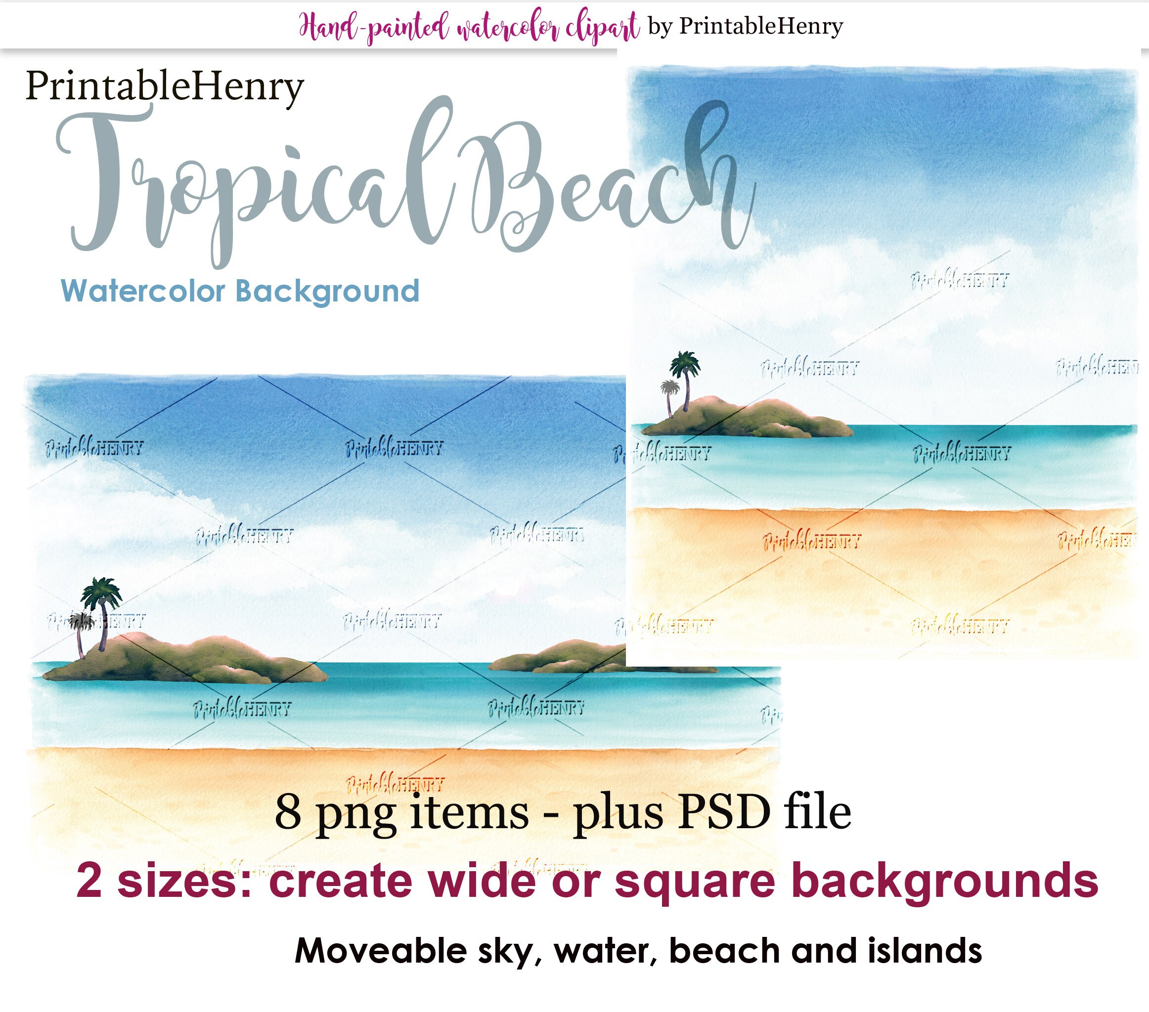 Tropical Clipart Beach Watercolor Png Background Creator - Etsy