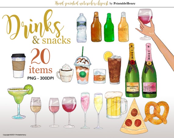 Drinks Png Watercolor Clipart Wine Liquor Champagne Pizza - Etsy