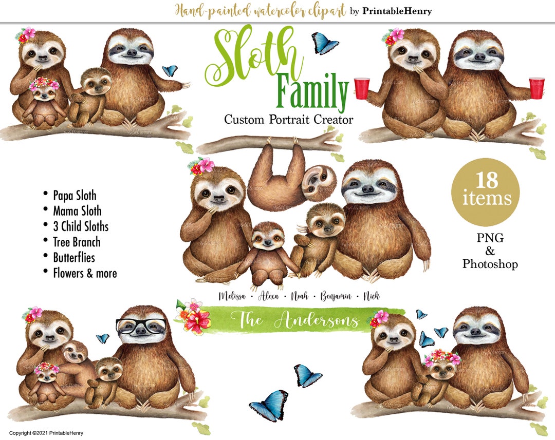Sloth Family Watercolor Clipart Portrait Maker (digital Download) - Etsy