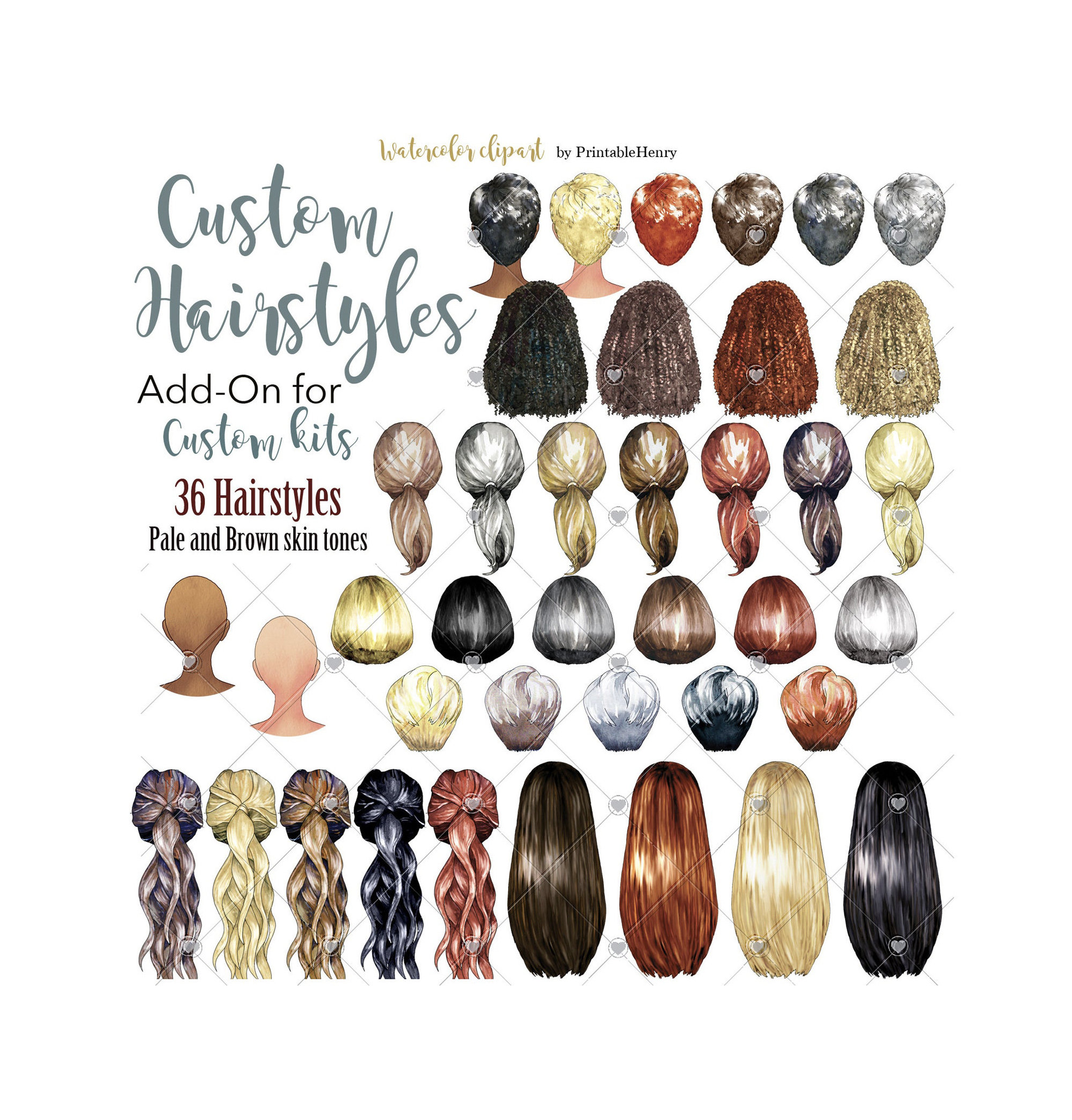 Custom Hairstyles Watercolor Clipart Hair Bundle Customizable - Etsy