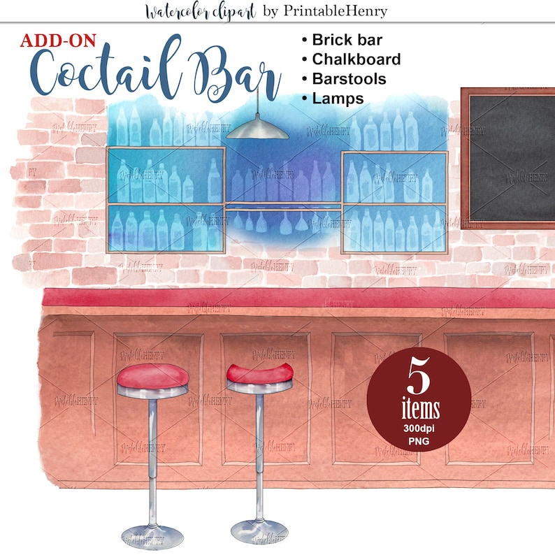Cocktail Bar Clipart Background Custom Watercolor Backdrop Bar | Etsy