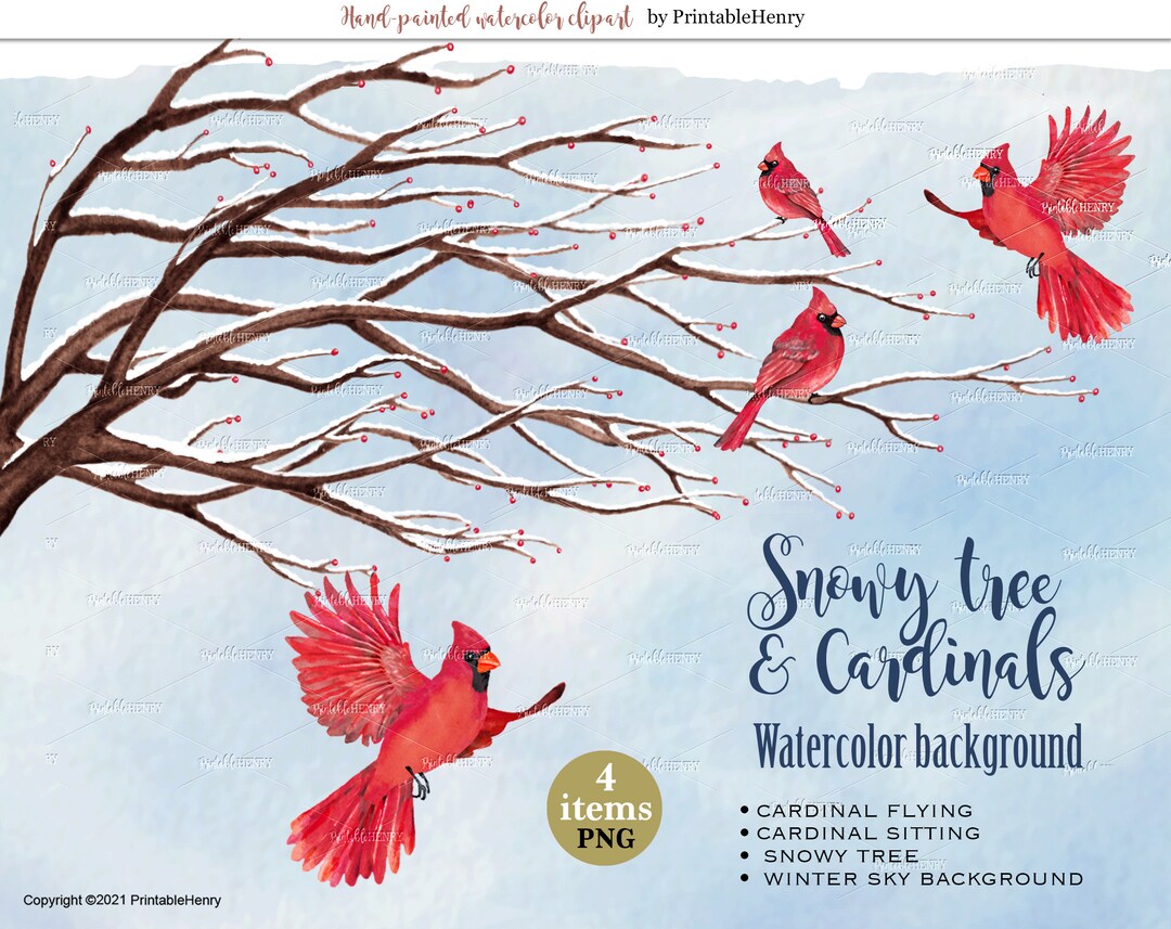 Watercolor Cardinal Clipart: Winter Sky & Tree (digital Download) - Etsy
