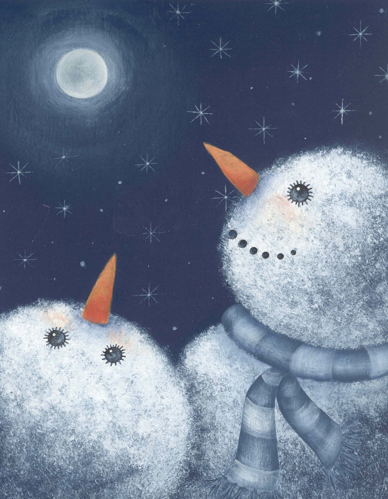 Snowman Print Snowmen Looking at Moon Art Print - Etsy