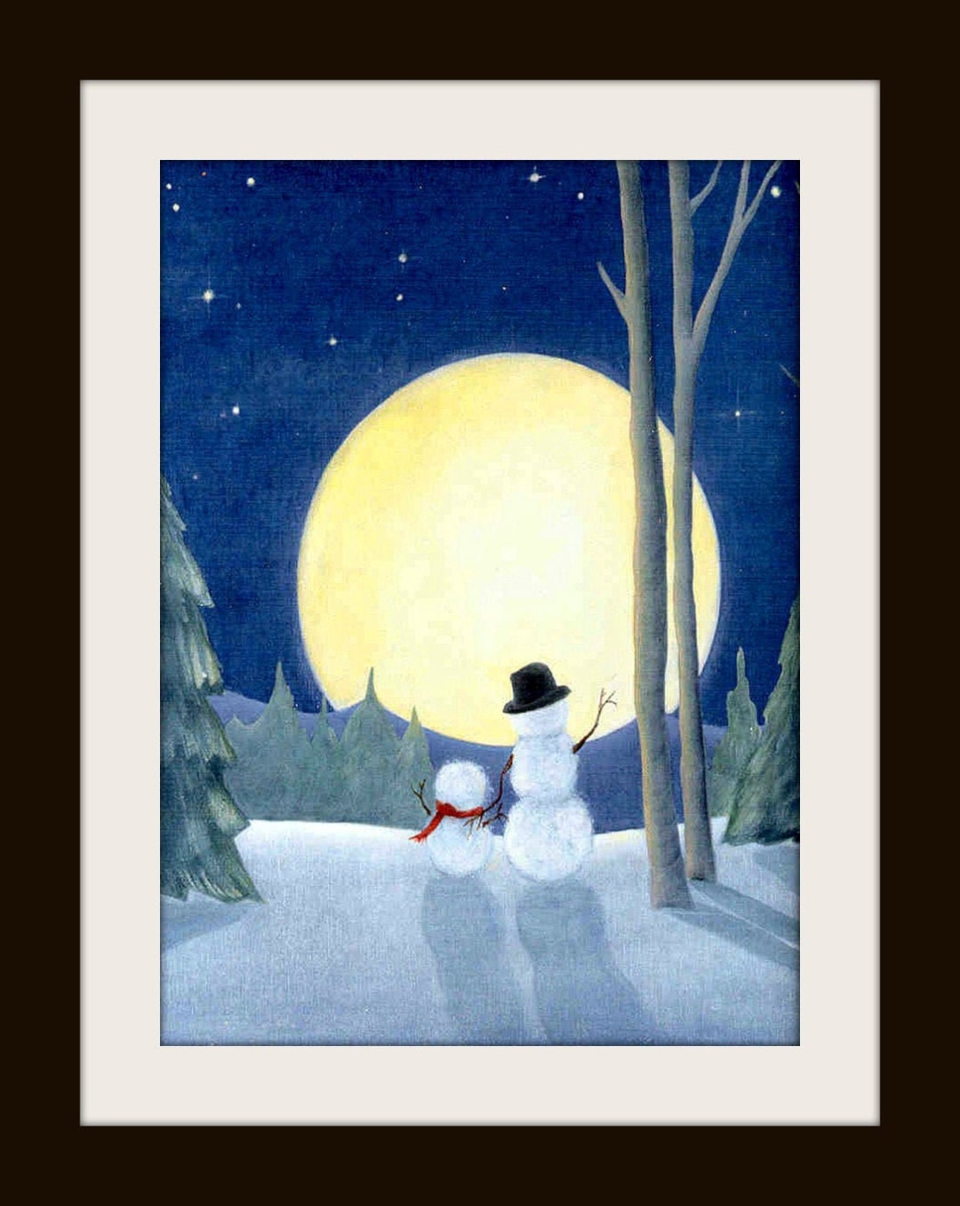 Moonlit Snowmen, Snowmen Painting Art Print, Snowmen Looking at Moon - Etsy