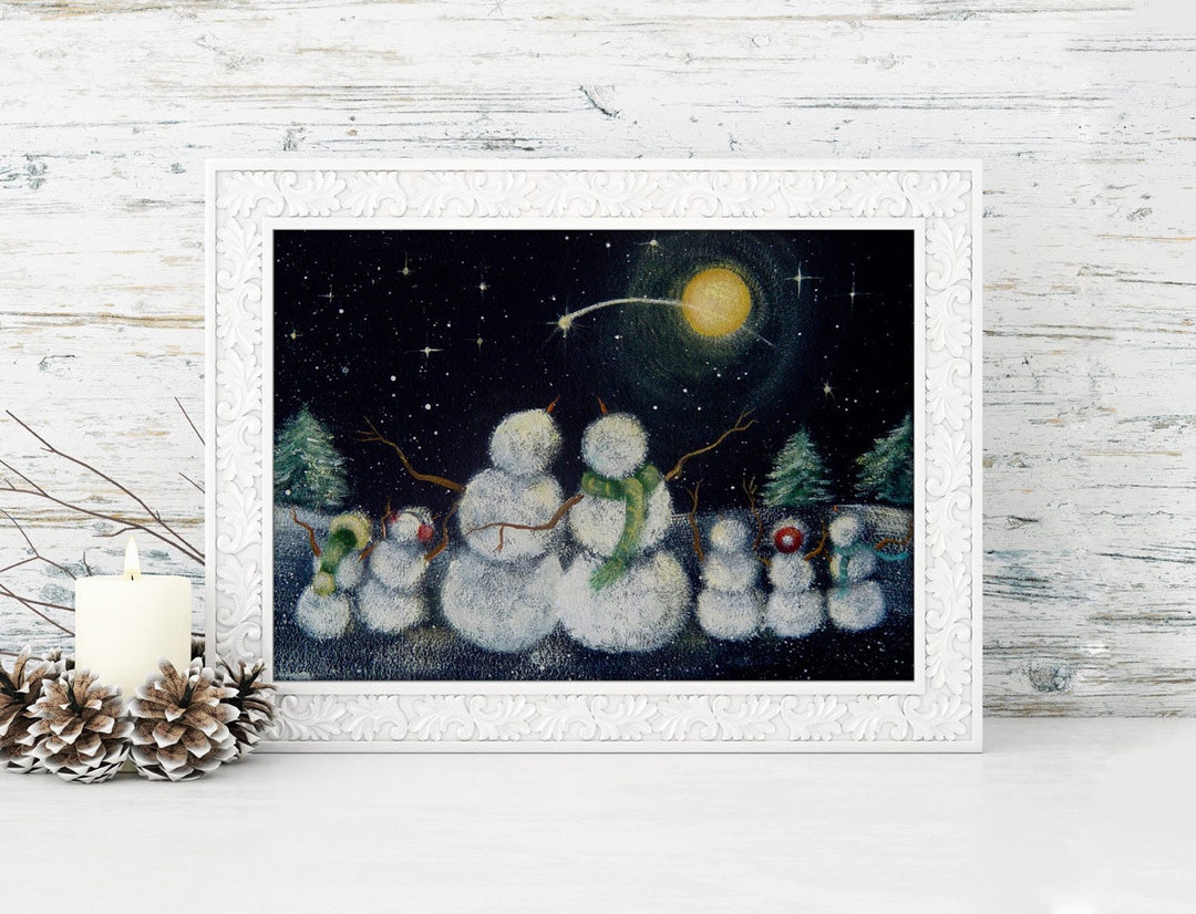 Snowmen Art Print, Shooting Star, Group of Snowmen, Heavenly Wonder Art ...